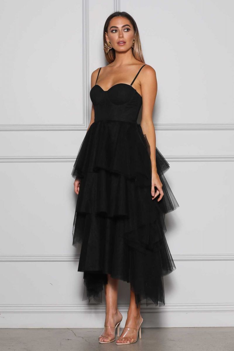Bustier style dress features layers of tulle